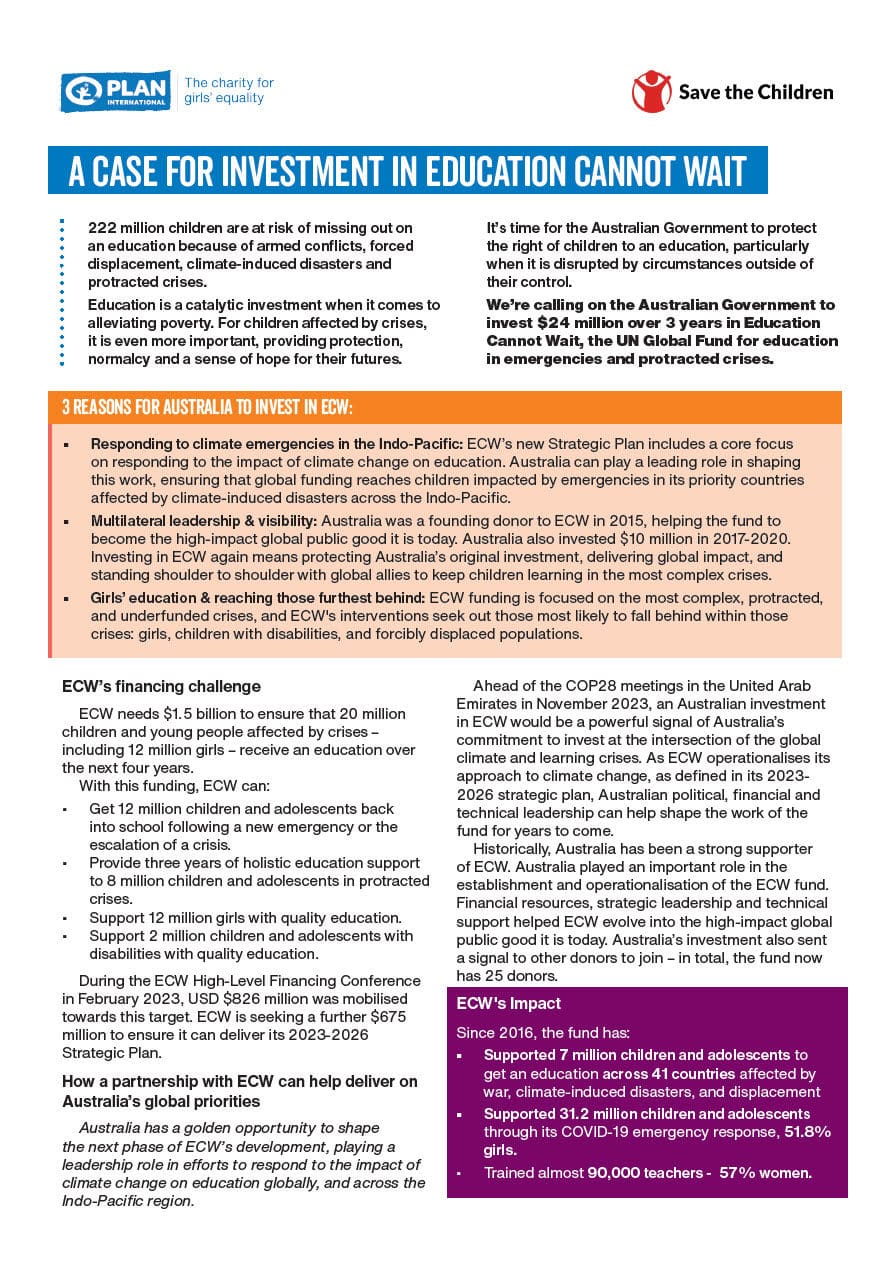 Case for Investment in Education Cannot Wait - Plan International Australia