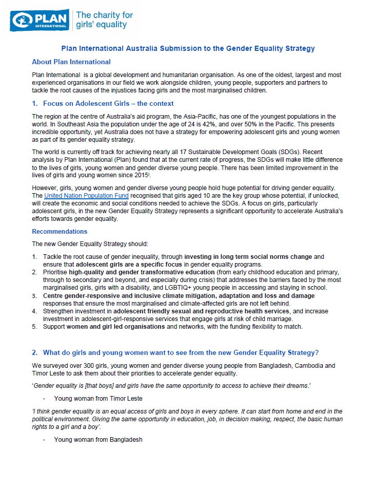 Submission on Gender Equality Strategy - Plan International Australia